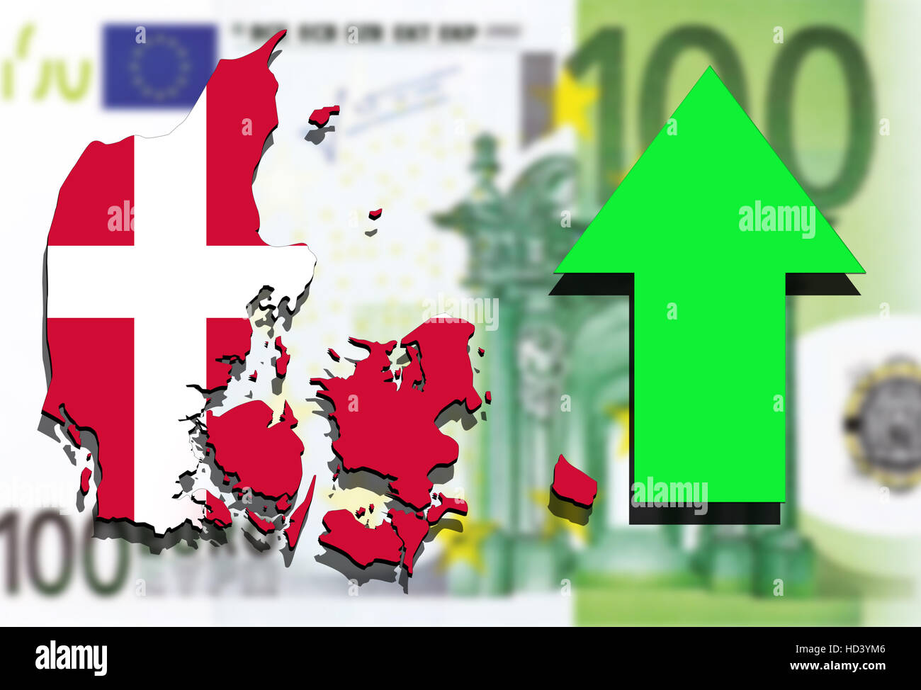 Denmark map on Euro money background with green arrow up Stock Photo ...
