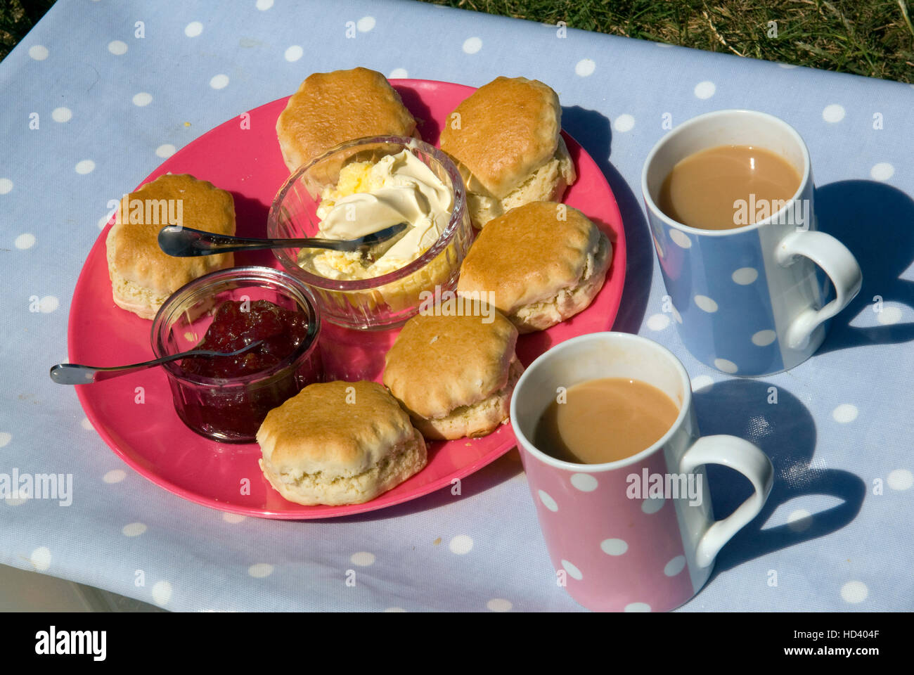 An informal cream tea with scones, cream, jam and 2 mugs of tea on a ...