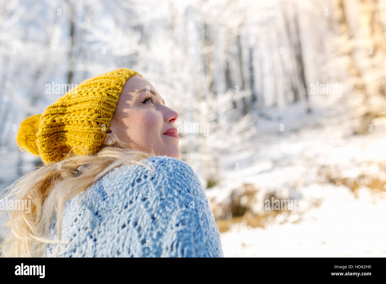 portrait of adventure woman in winter mountain background Stock Photo ...