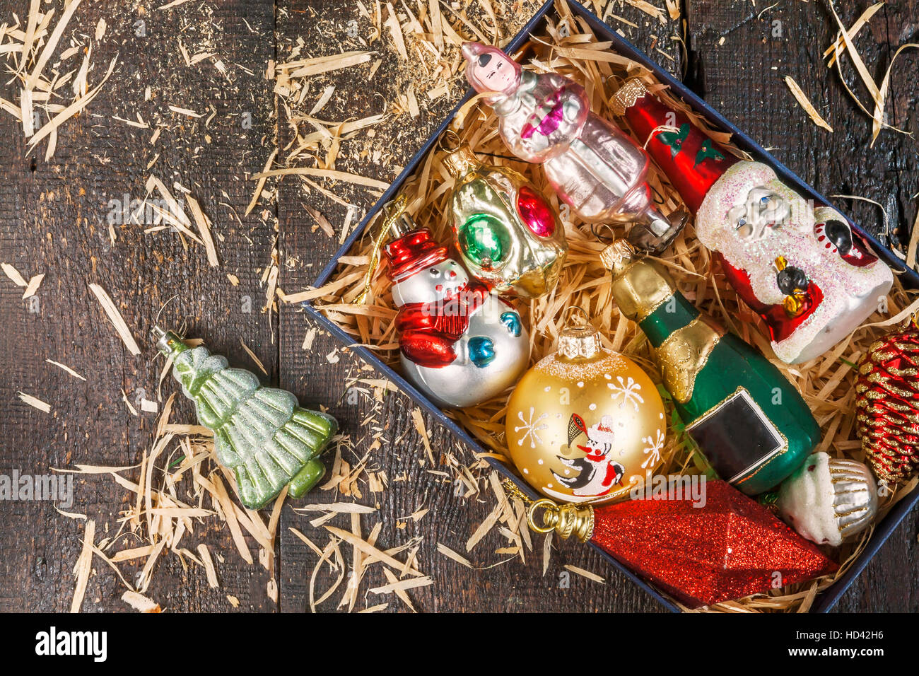 Box with vintage glass Christmas toys top view Stock Photo - Alamy