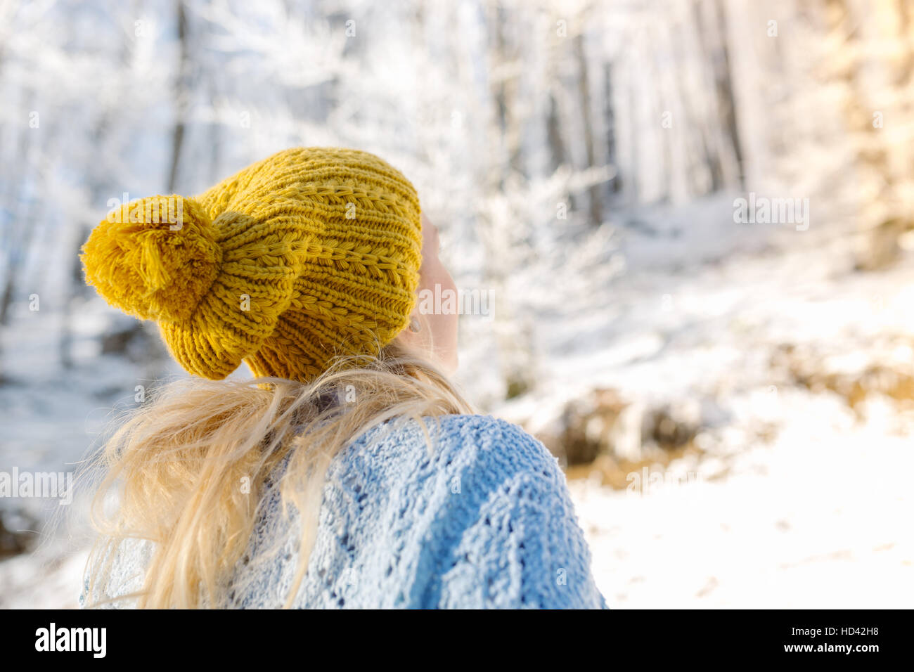 portrait of adventure woman in winter mountain background Stock Photo ...