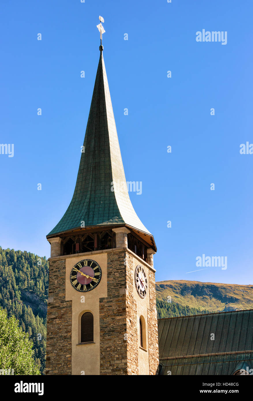Steeple of St Mauritius parish church in Zermatt in Switzerland Stock ...