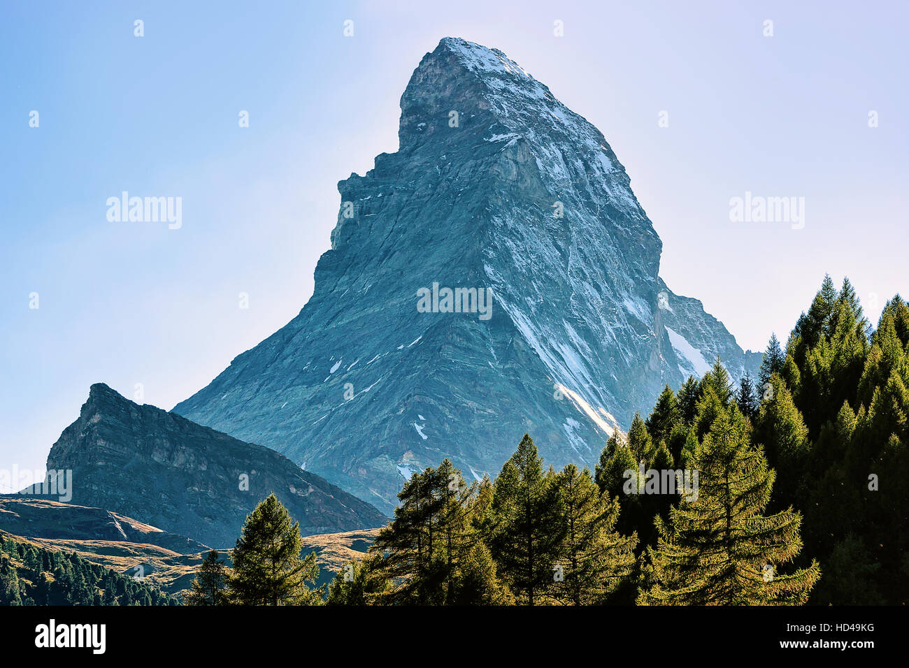 Panoramic view of Matterhorn mountain with green valley in Zermatt ...