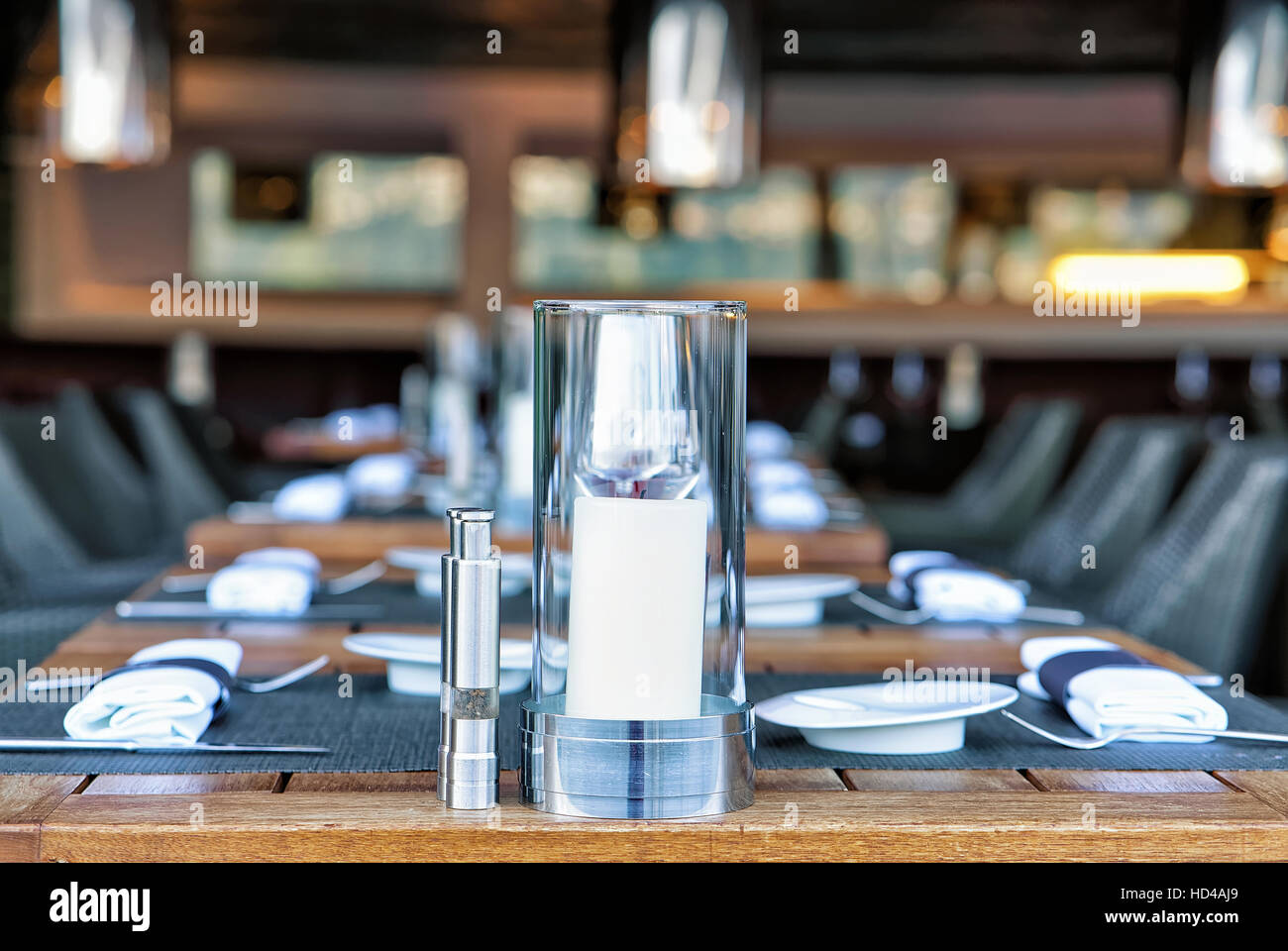 Typical restaurant terrace with chairs and tables ready for a meal in ...