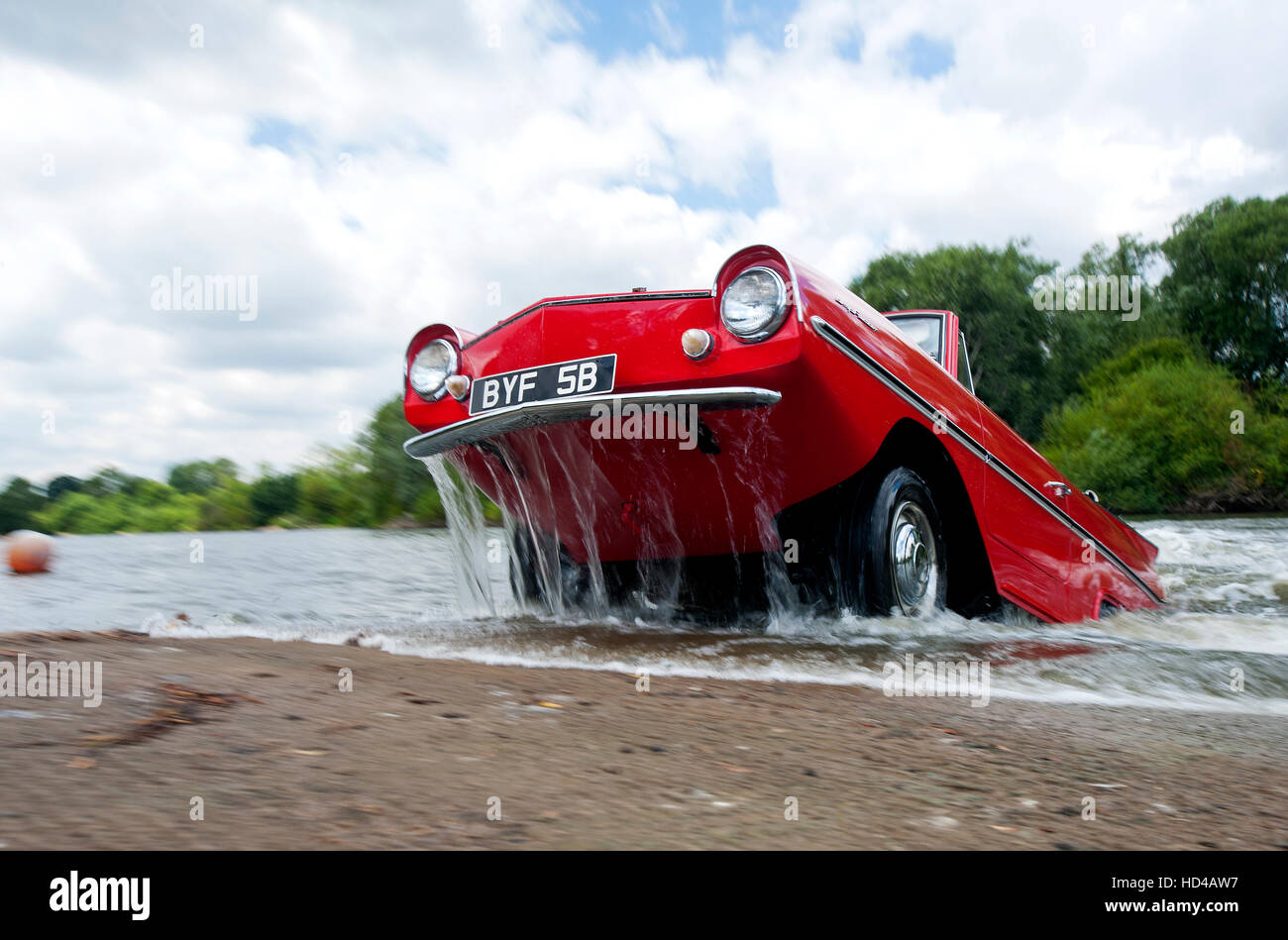 Amphicar - the 1960s amphibious swimming car driving out of a lake ...
