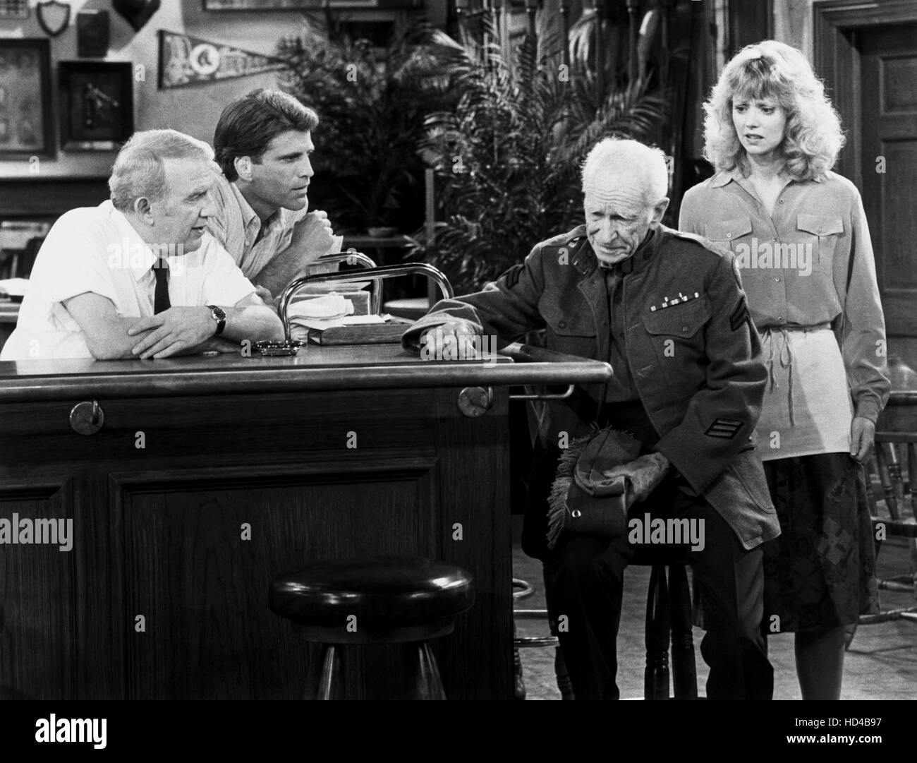 CHEERS, from left, Nicholas Colasanto, Ted Danson, Ian Wolfe, Shelley ...