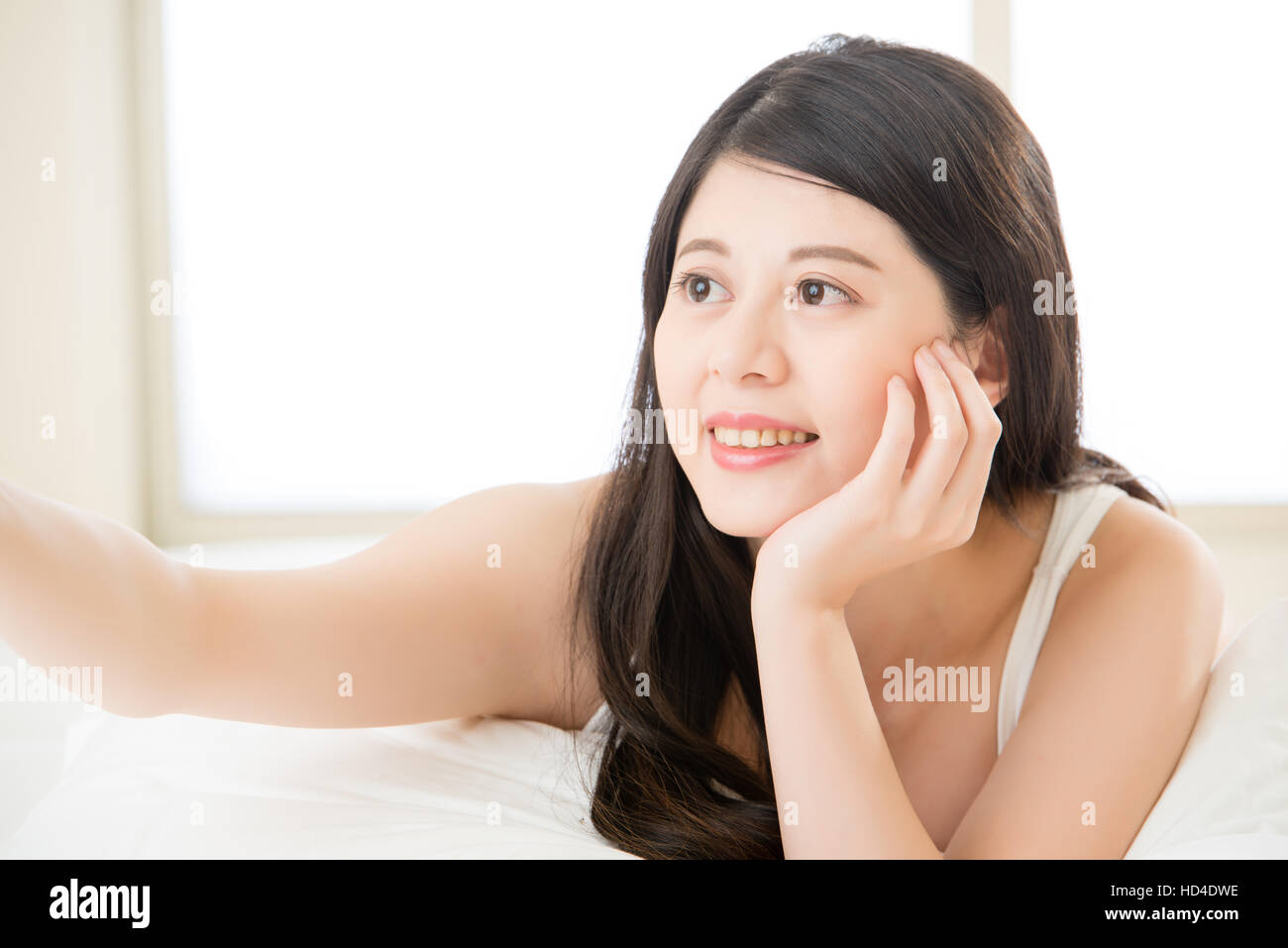 Beautiful Young Asian Woman Taking Selfie By Smart Phone On Bed Girl Bedroom Background At Home
