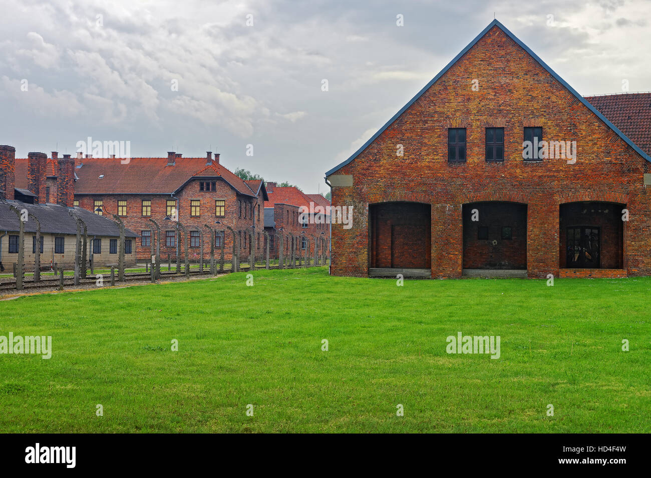 Red brick barracks in Auschwitz concentration camp, Poland Stock Photo ...