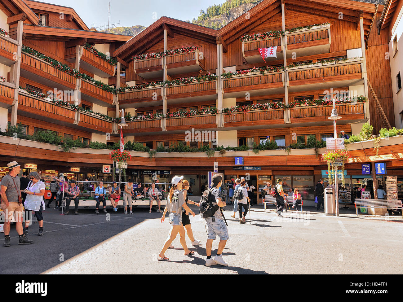 Zermatt, Switzerland - August 24, 2016: Travelers at the tourist ...