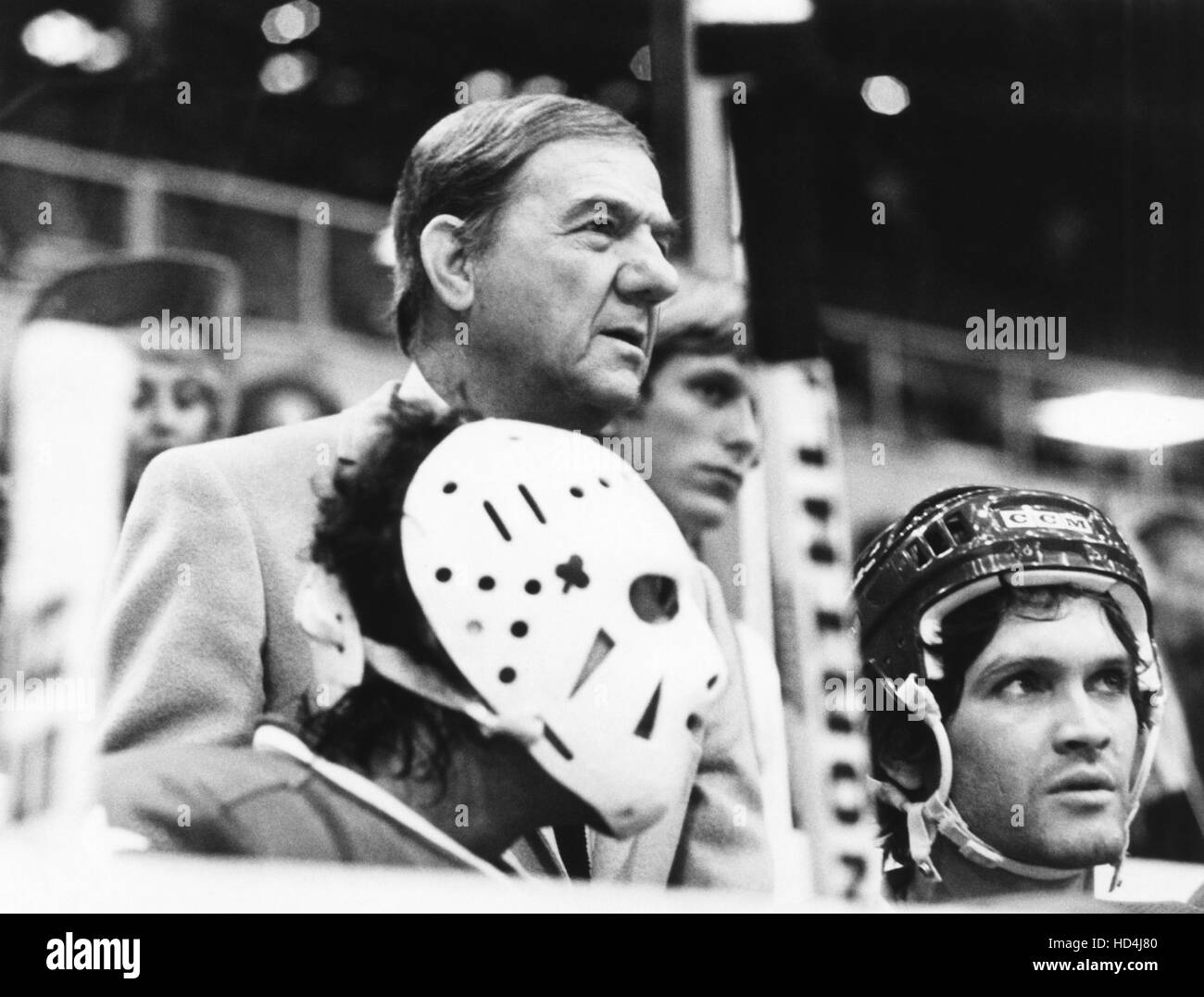 MIRACLE ON ICE, from left: Steve Guttenberg (mask), Karl Malden ...