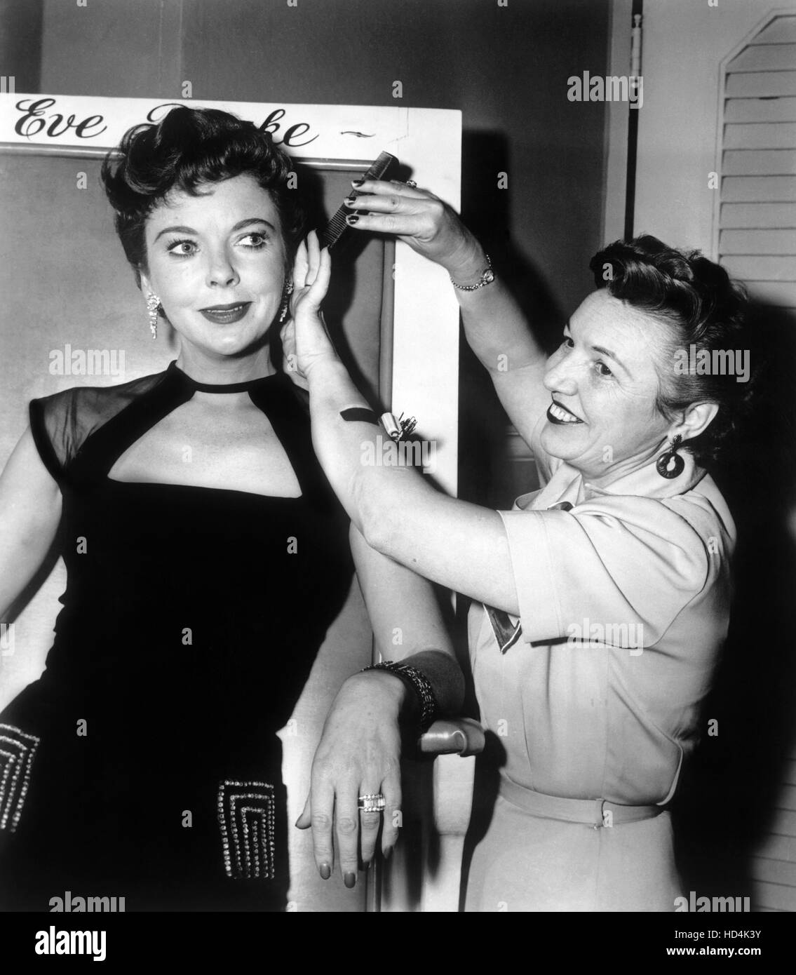 MR. ADAMS AND EVE, Ida Lupino, hairdresser Sheree Banks on set, 1957-58 ...