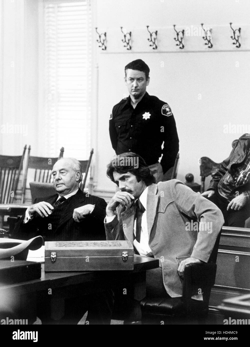 ASPEN, seated from left: John Houseman, Sam Elliott, 1977 Stock Photo ...