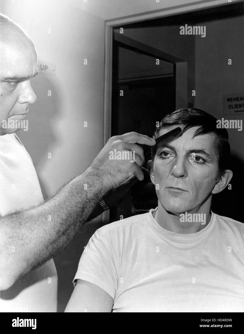 DARK SHADOWS, Jonathan Frid (r.), with hairdresser on set, 1966-71 ...