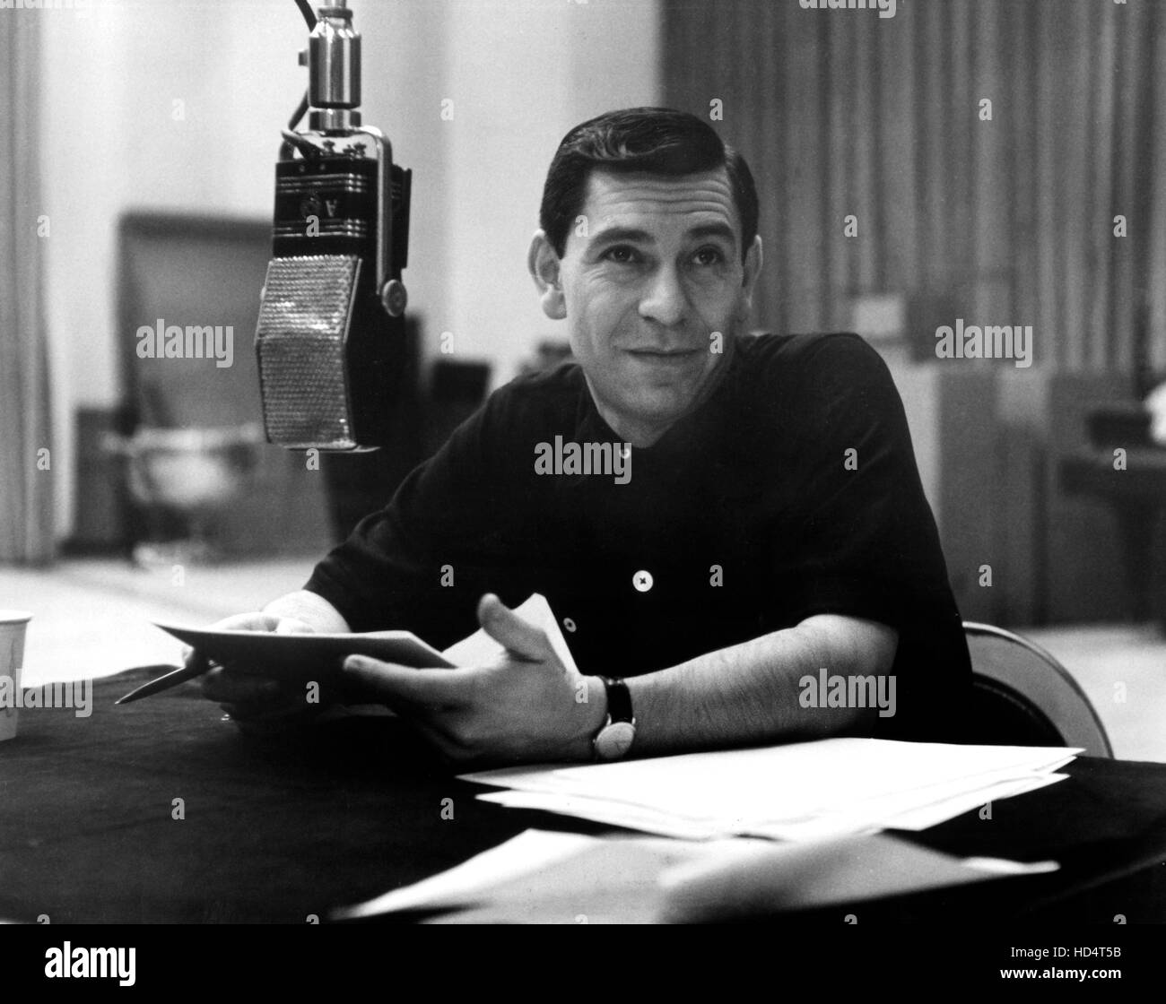DRAGNET, candid of Jack Webb, broadcasting his radio show, 1949-1956 ...