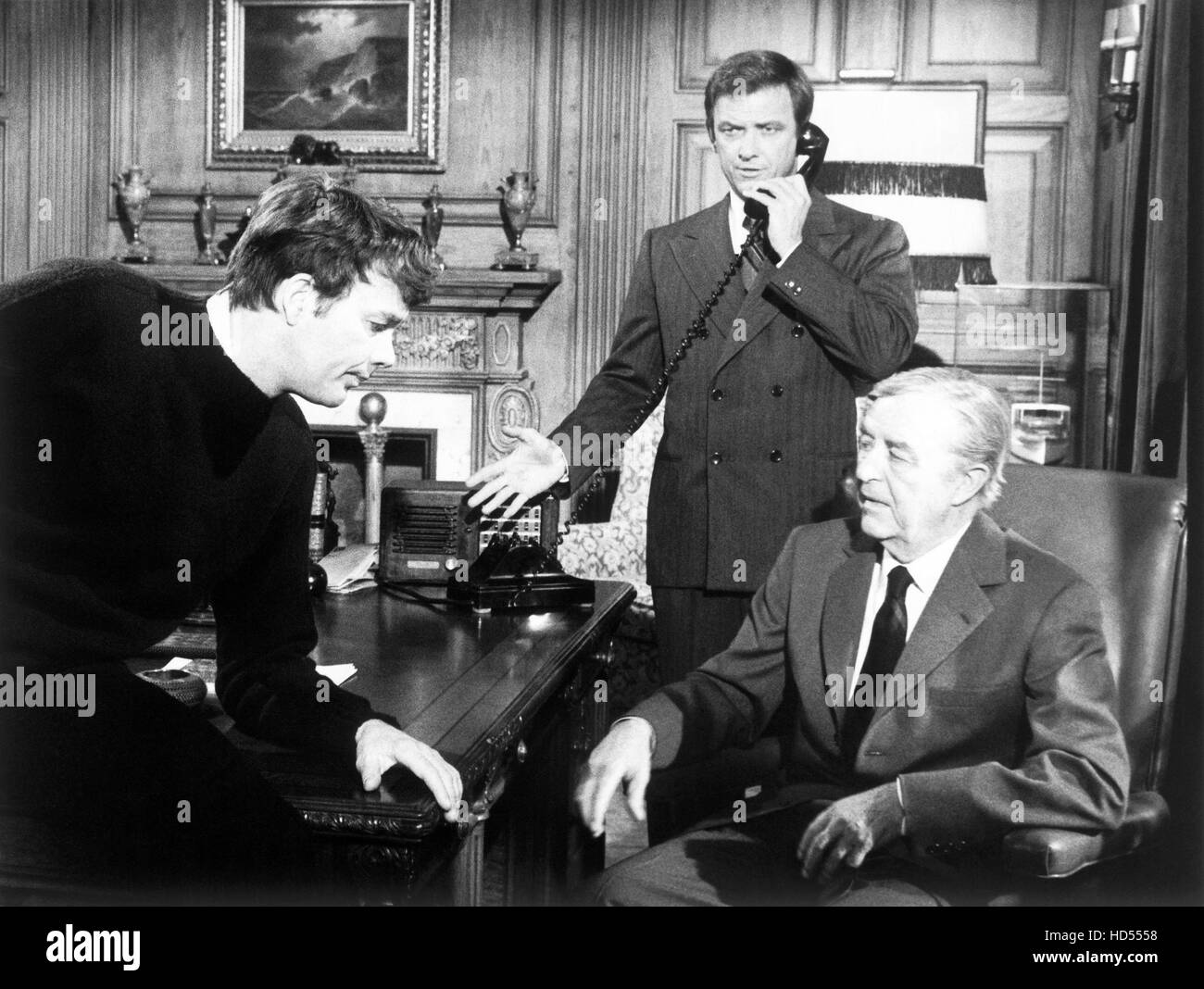 ELLERY QUEEN, from left: Jim Hutton, Monte Markham, Ray Milland, 1975 ...
