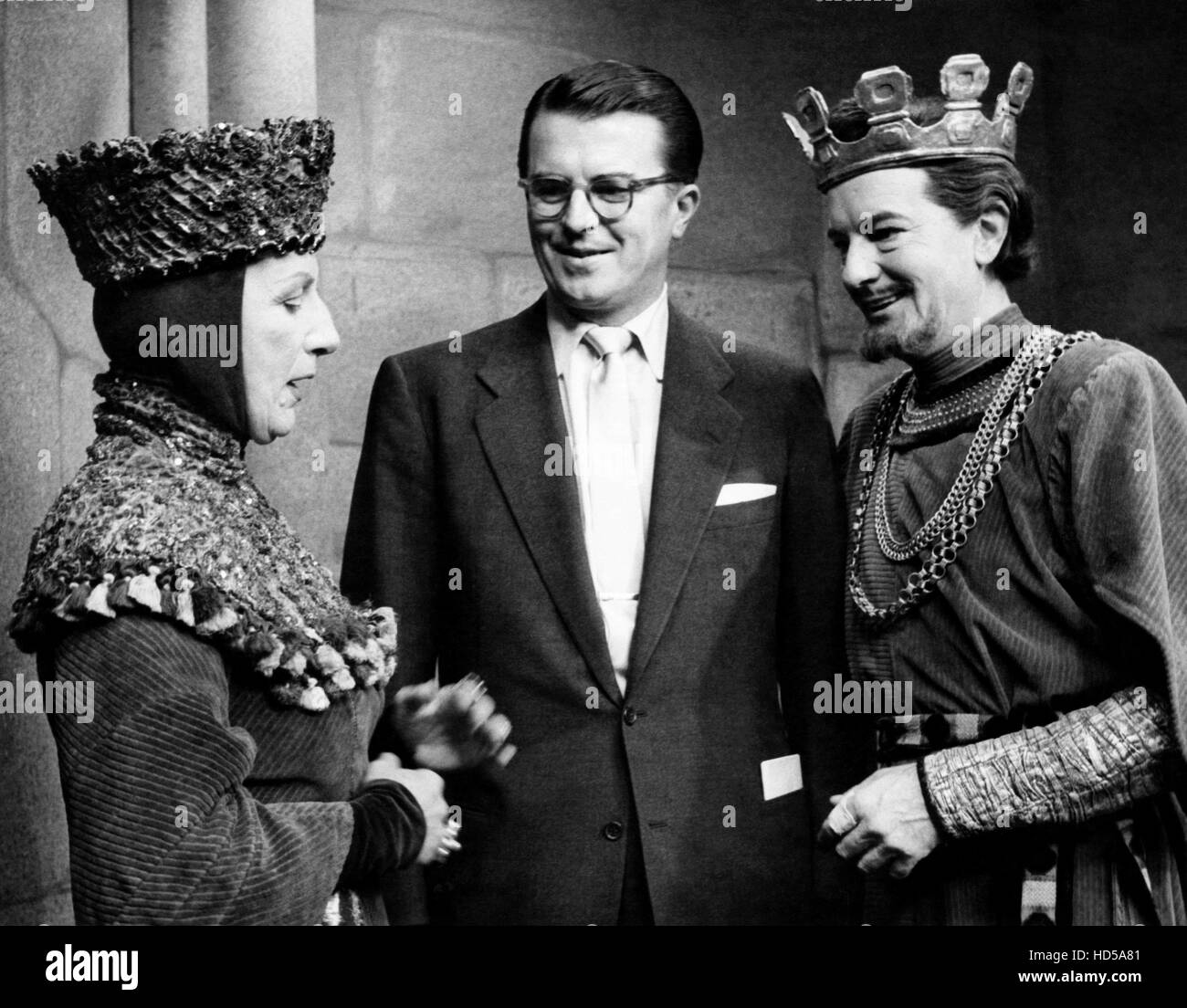 MACBETH, from left, Judith Anderson, producer Jack Rayel, Maurice Evans, on-set (show aired ...
