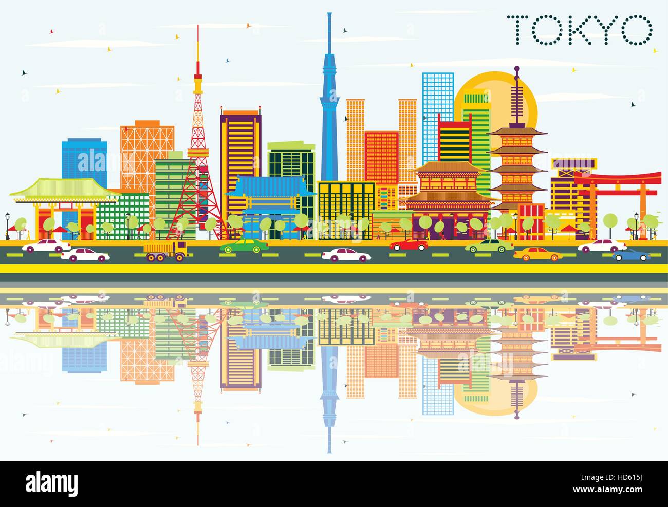 Tokyo Skyline with Color Buildings, Blue Sky and Reflections. Vector ...