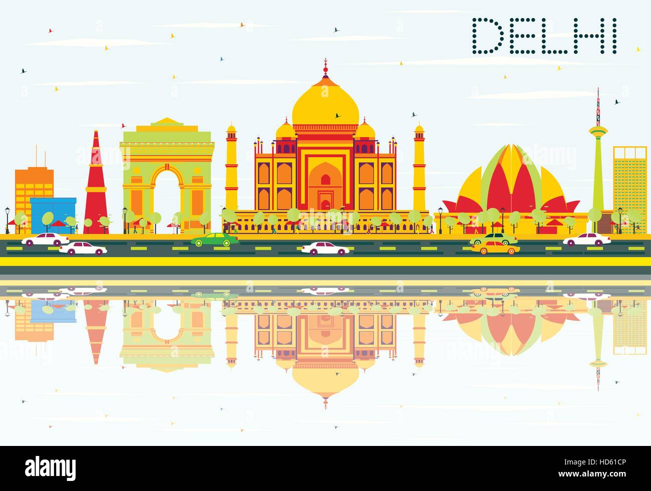 Delhi Skyline with Color Buildings, Blue Sky and Reflections. Vector ...
