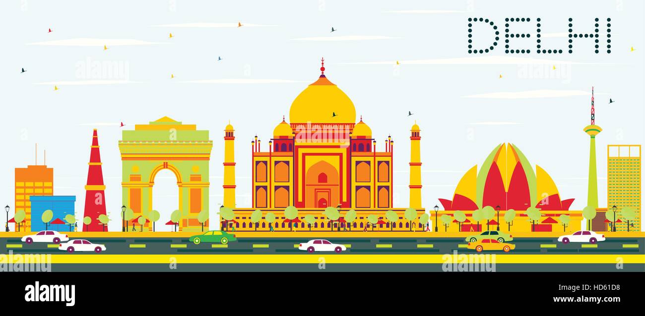 Delhi Skyline with Color Buildings and Blue Sky. Vector Illustration ...