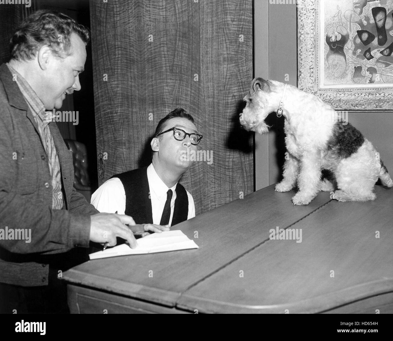 THE THIN MAN, Skip Martin, Steve Allen, Asta (dog) on-set, 'Holiday For ...