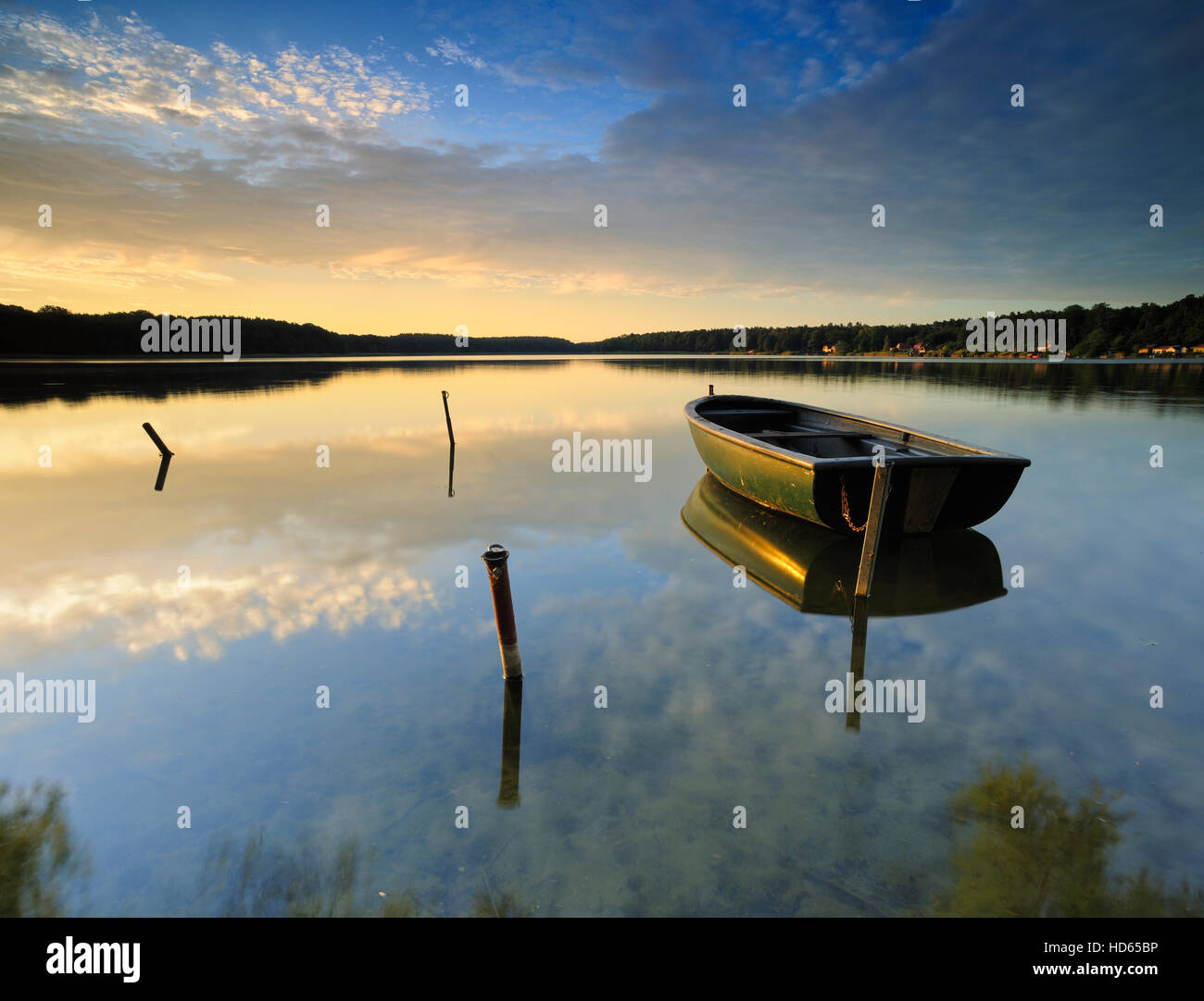 Rowboat in Lake Wutzsee, morning atmosphere, Lindow, Brandenburg ...
