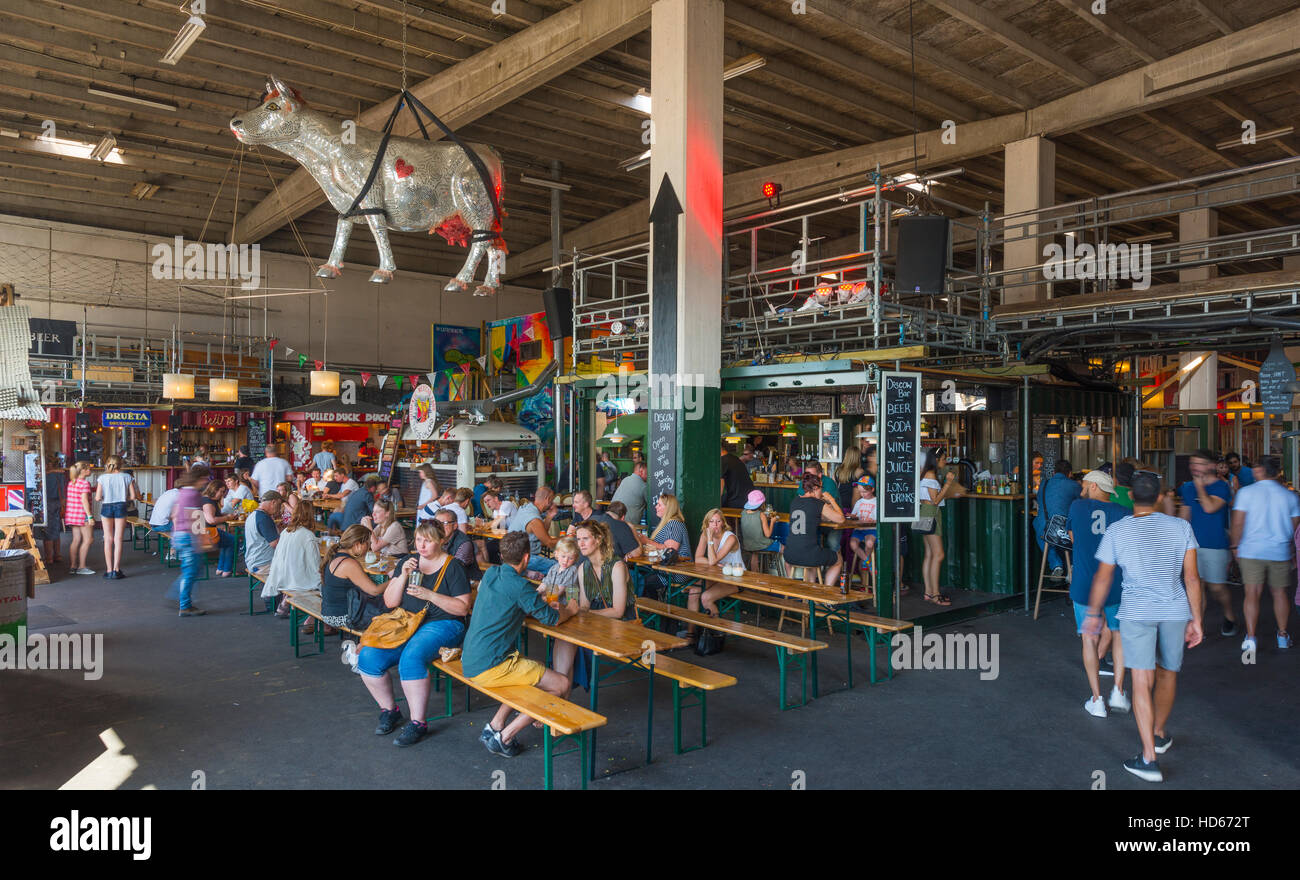 Copenhagen Street Food, hall with international food stalls, Holmen ...