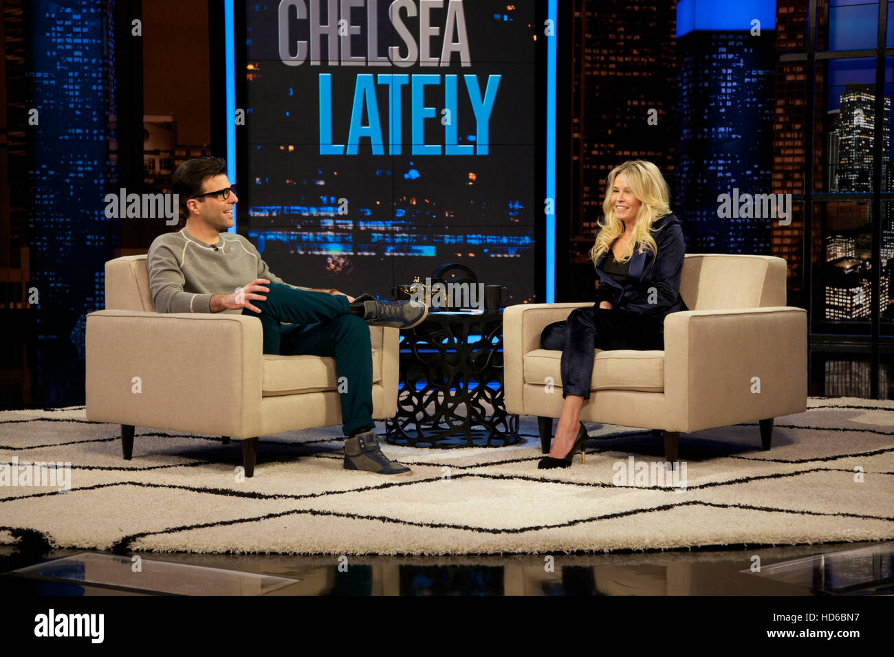 CHELSEA LATELY, (from left): Zachary Quinto, host Chelsea Handler ...