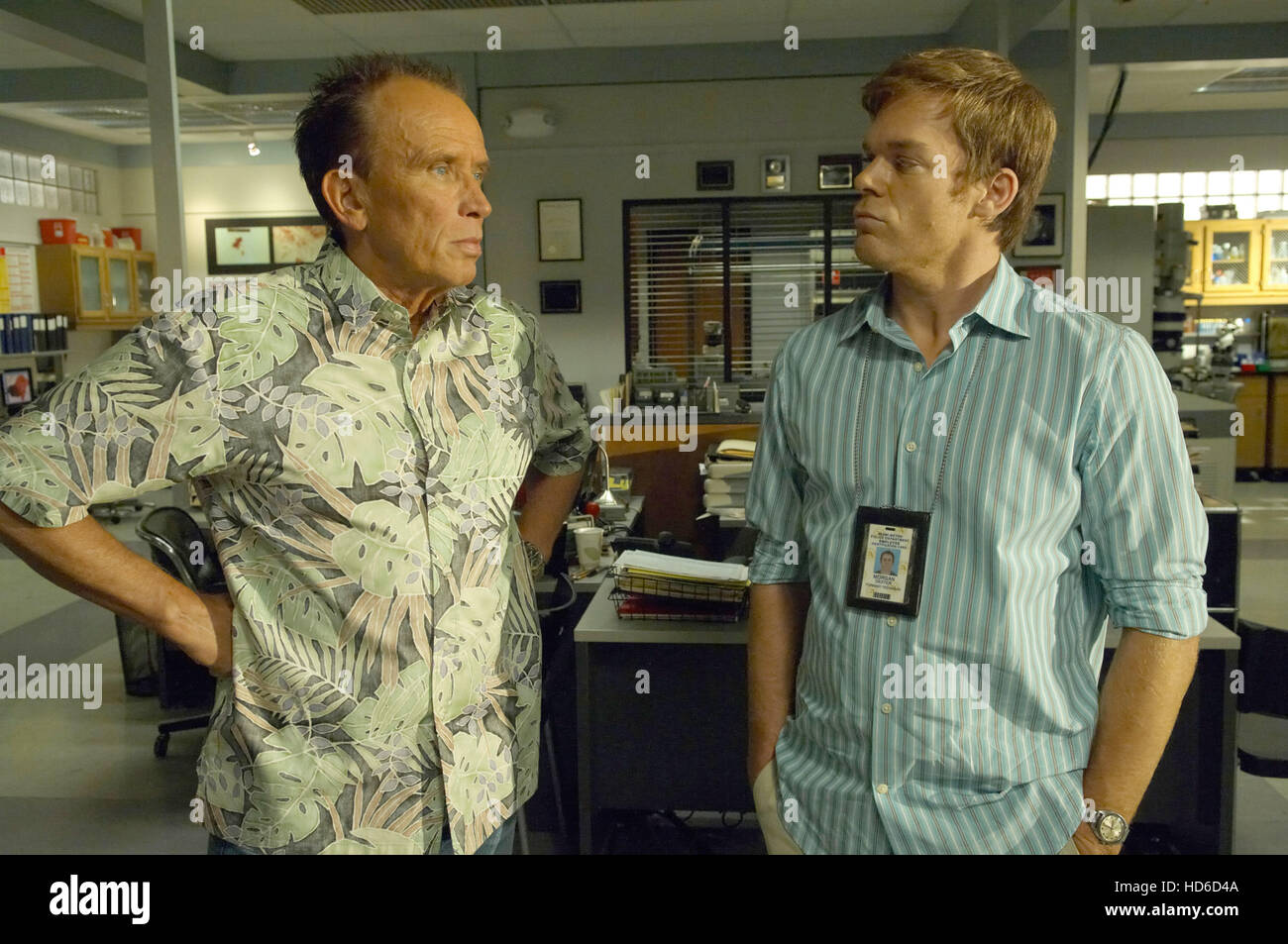 DEXTER, (from left): Peter Weller, Michael C. Hall, 'In The Beginning ...