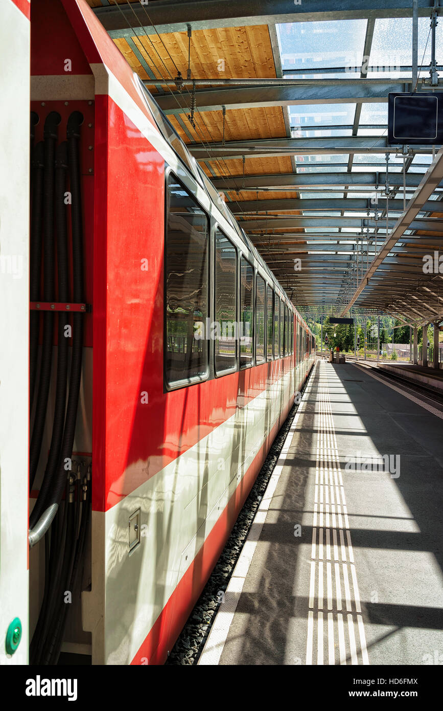 Concourse and train at Railway train station in Zermatt, Valais canton ...