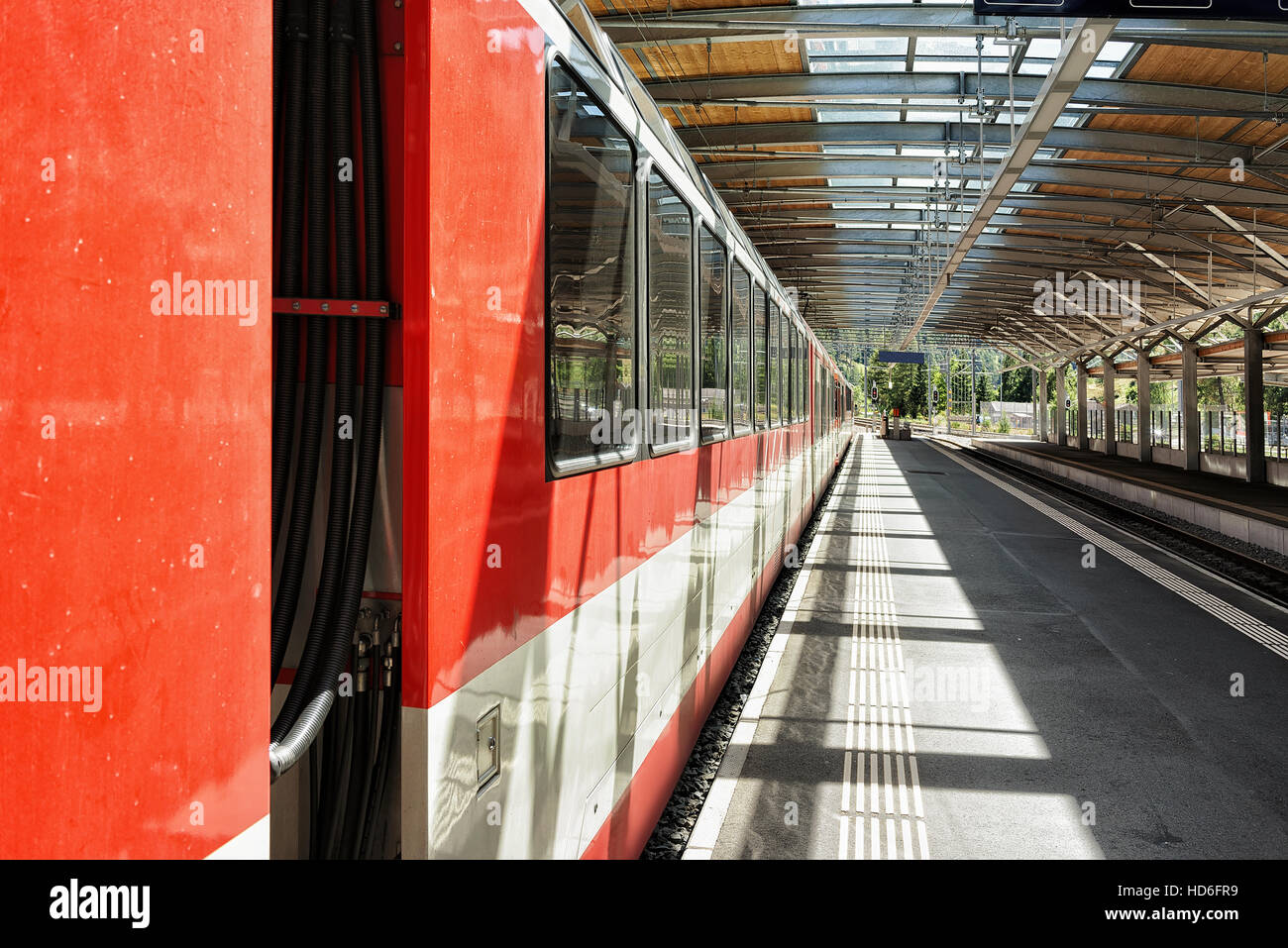 Concourse and train at Railway train station of Zermatt, Valais canton ...