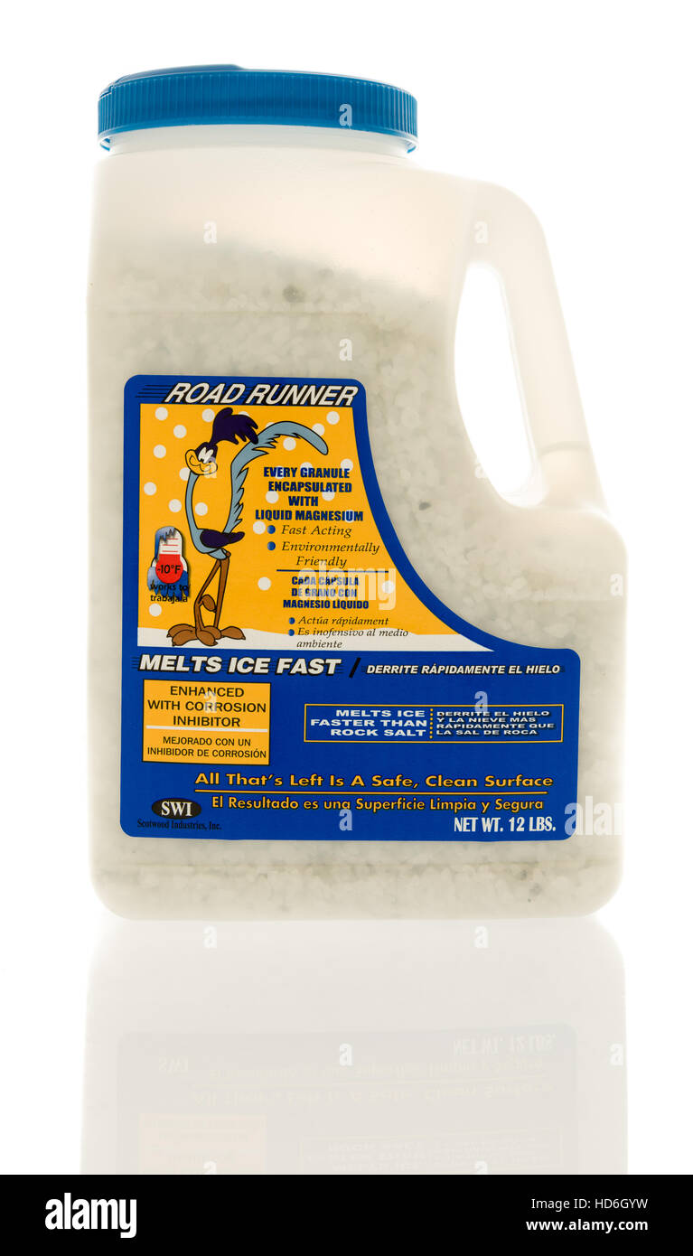 Winneconne, WI - 7 December 2016: Container of Road Runner ice melt ...