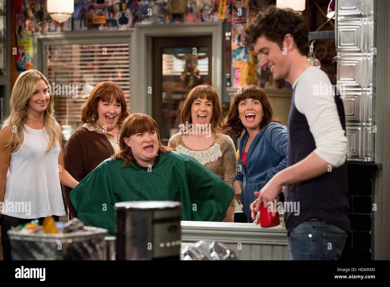 CLIPPED, left: Ashley Tisdale, Betsy Sodaro (in smock), far right: Mike ...