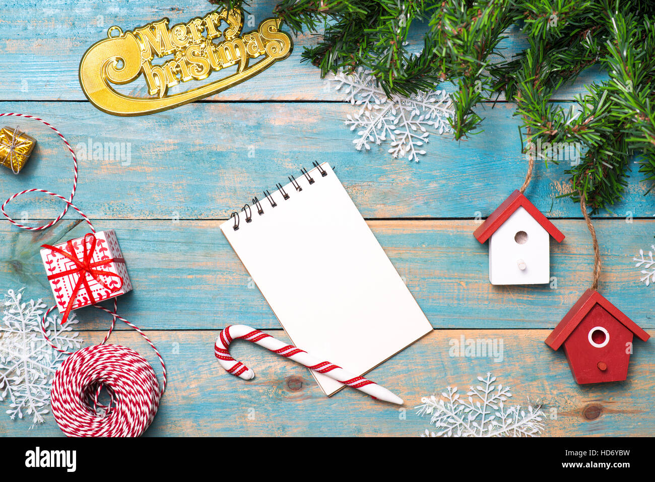 Christmas background with decorations on wooden background. Top view ...
