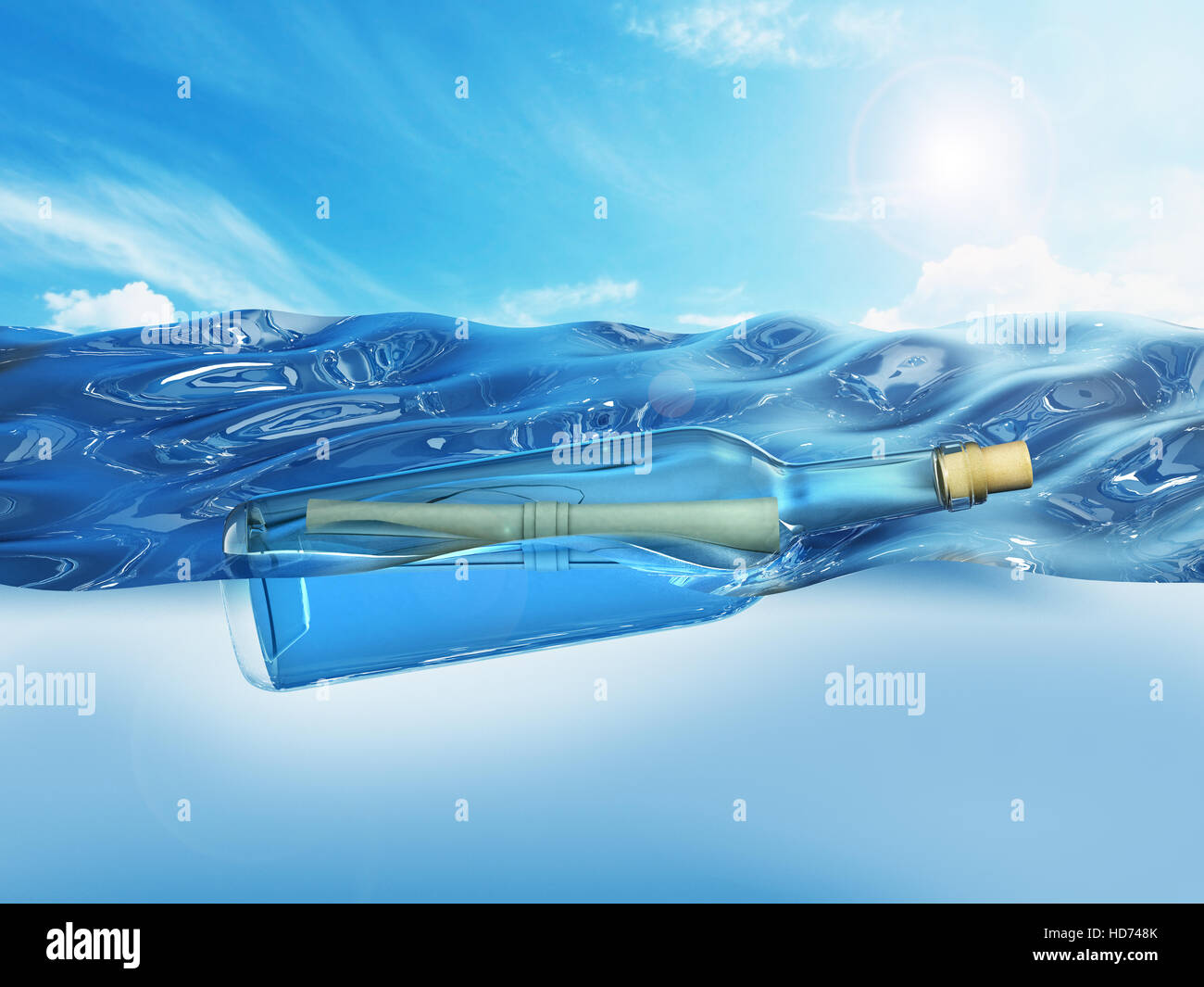 Message in a bottle floating on sea level. 3D illustration Stock Photo ...