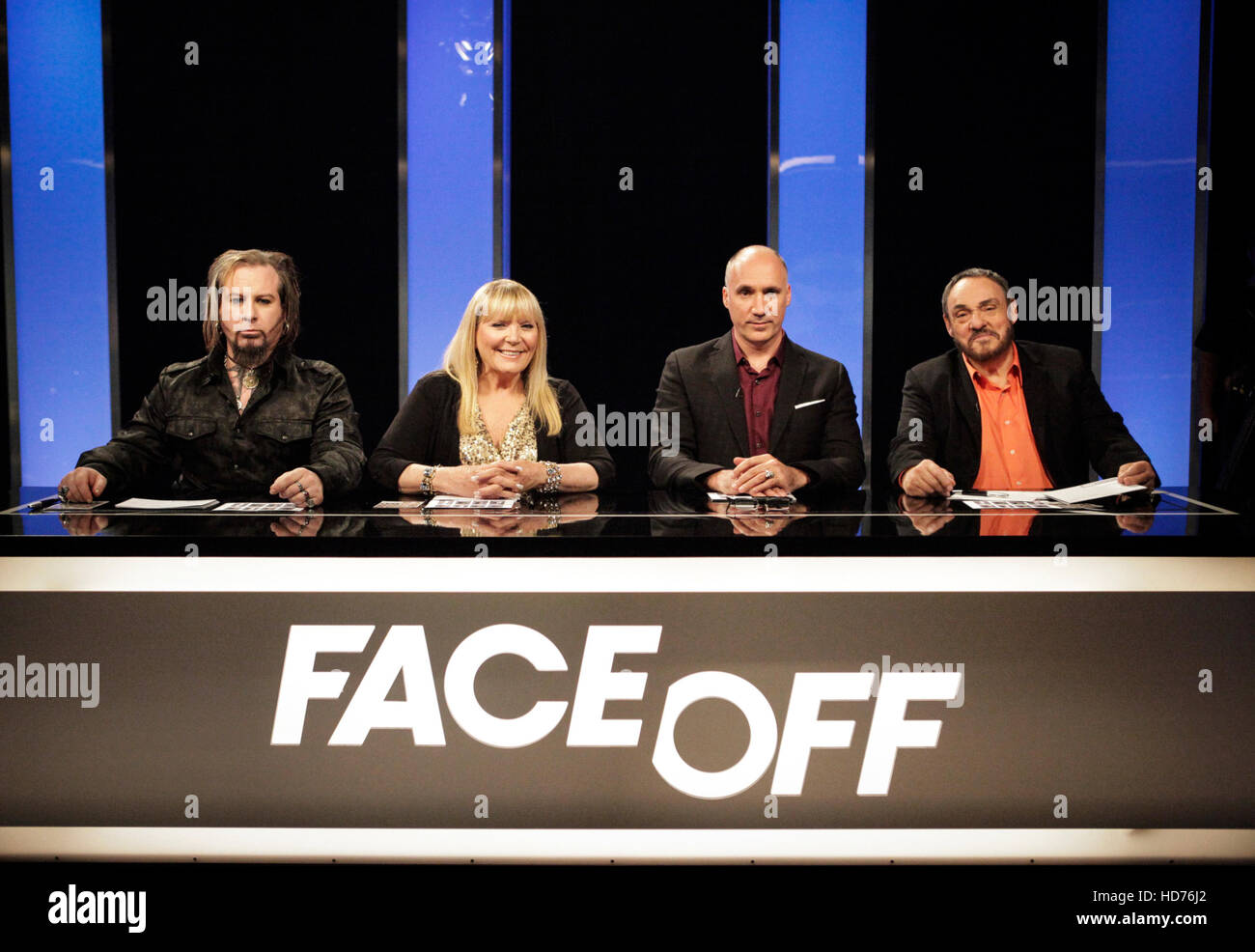 FACE OFF, l-r: Glenn Hetrick, Ve Neill, Neville Page, John Rhys-Davies ...