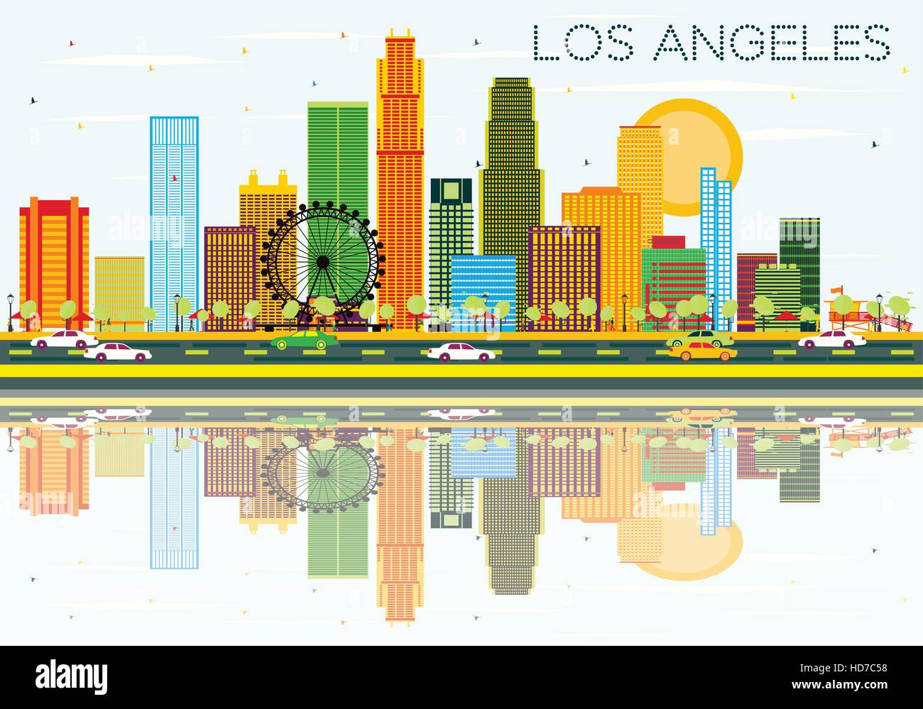 Los Angeles Skyline with Color Buildings, Blue Sky and Reflections ...