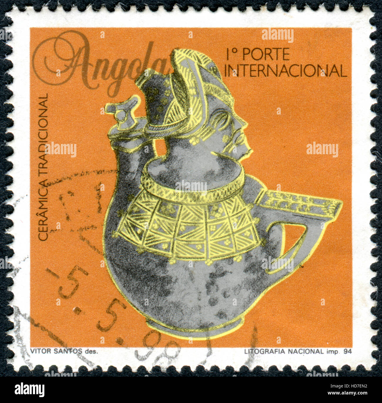 A stamp printed in Angola, shows the traditional ceramics of Lovale ...