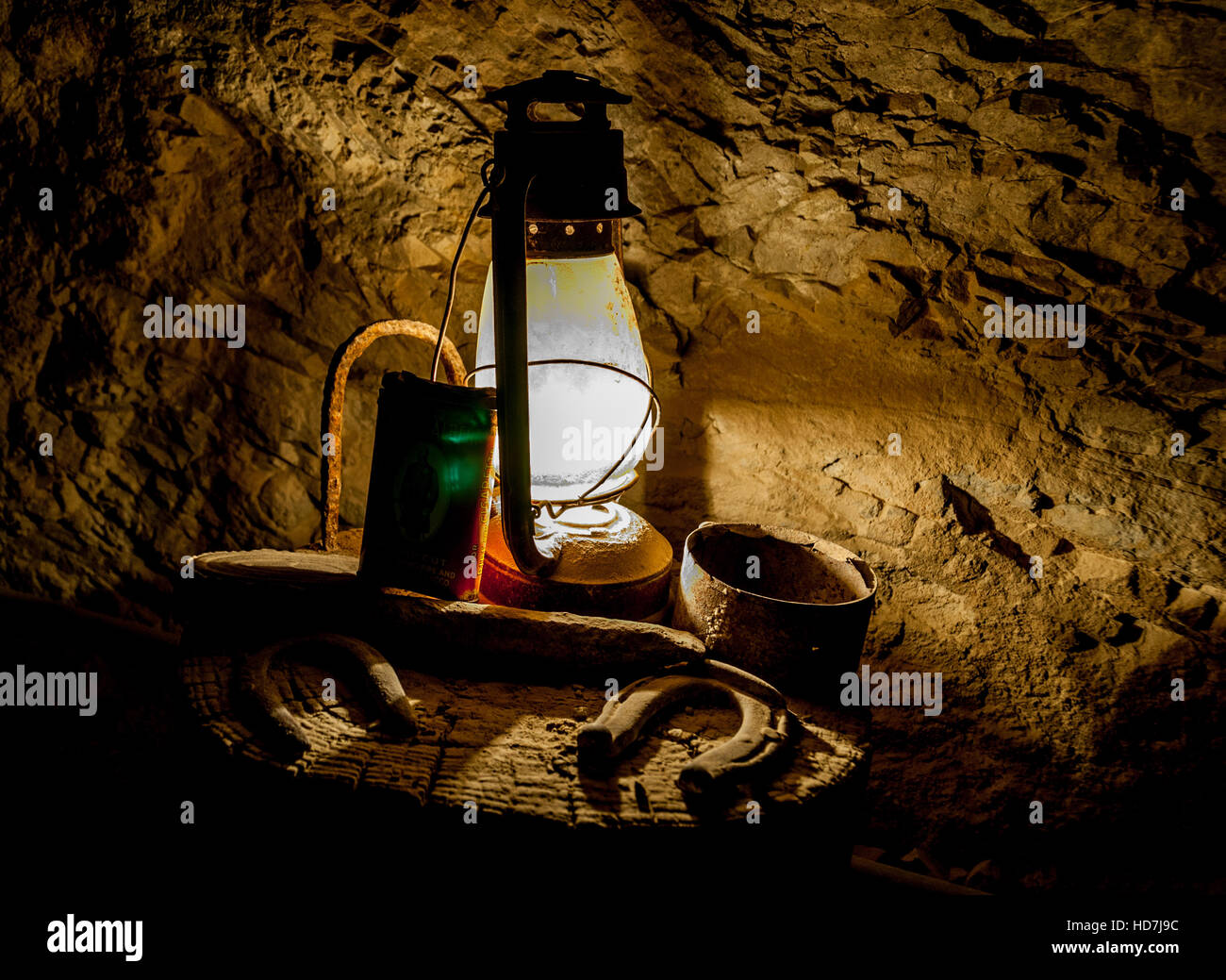 Old kerosene lantern and lucky horseshoe inside Techatticup Mine, a ...
