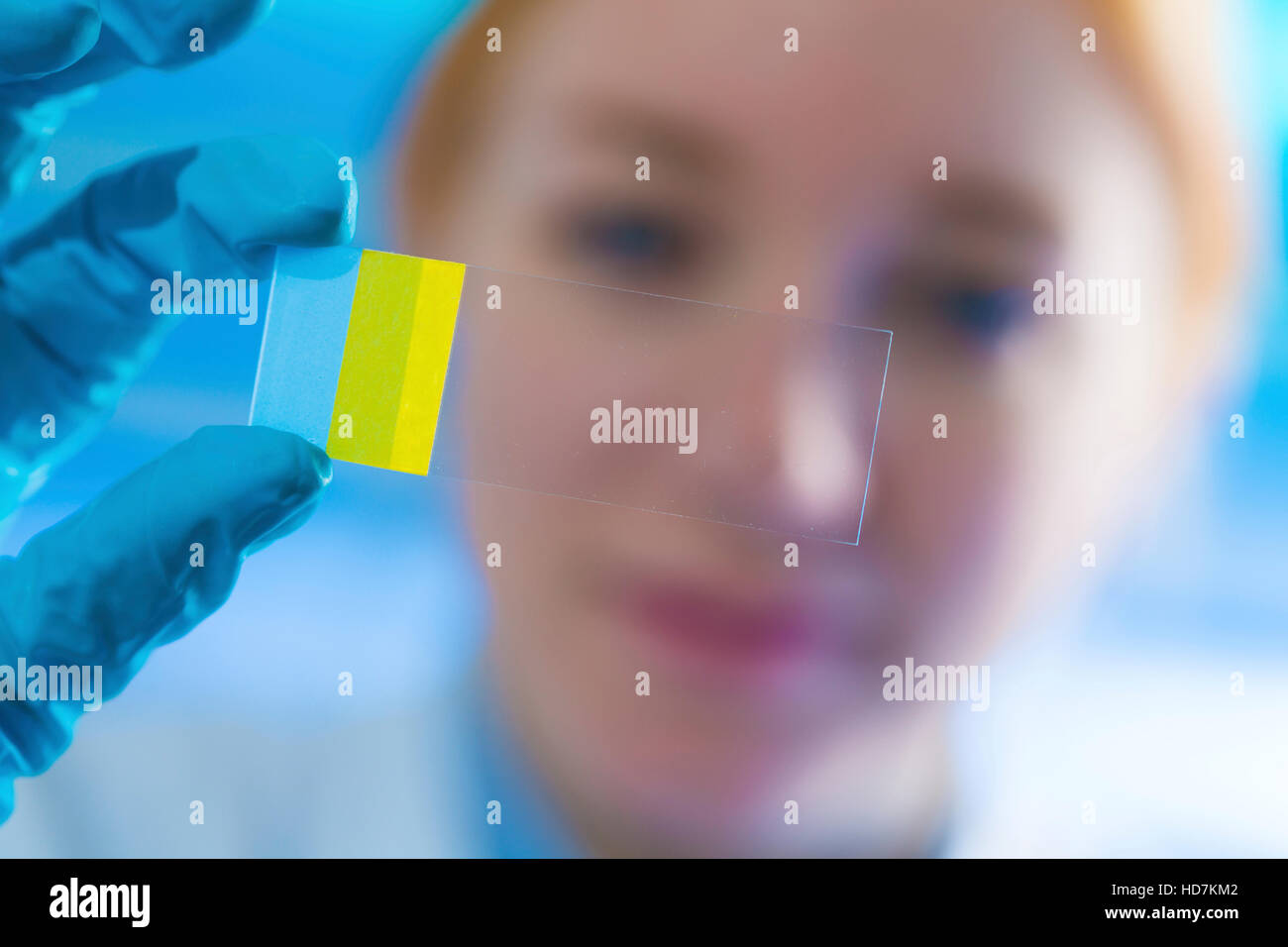 MODEL RELEASED. Young woman holding microscope slide, close up Stock ...