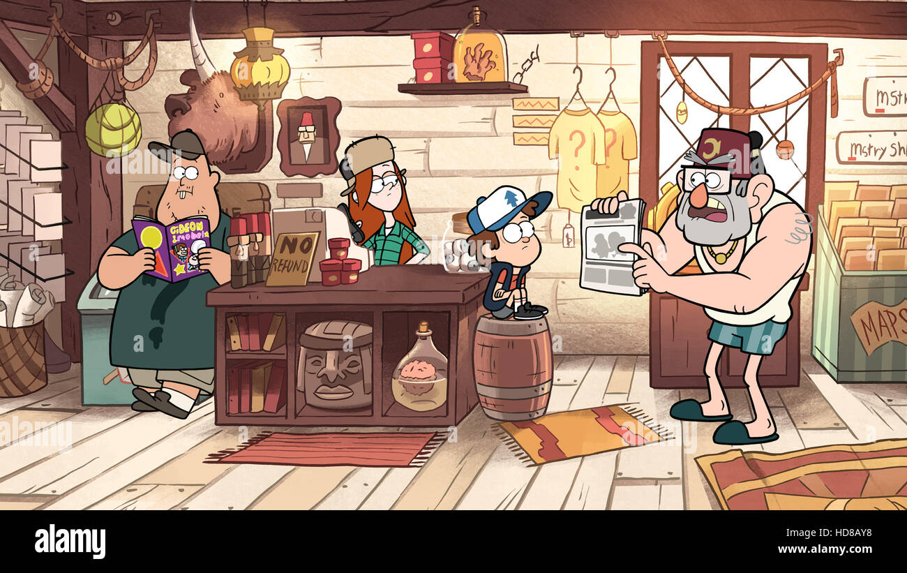 GRAVITY FALLS, (from left): Soos, Wendy, Dipper, Gruncle Stan, 'The ...