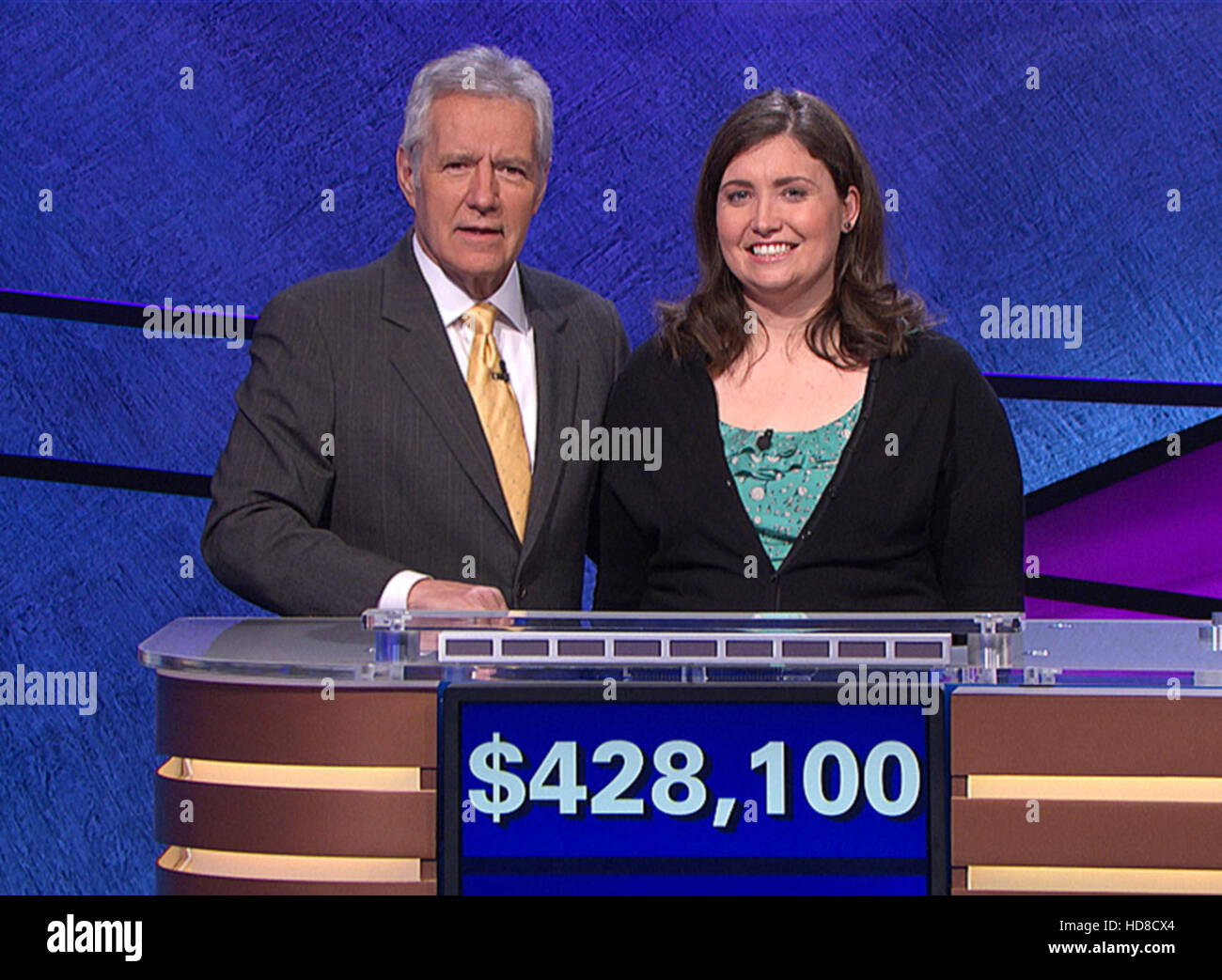 JEOPARDY, (from left): host Alex Trebek, contestant Julia Collins ...