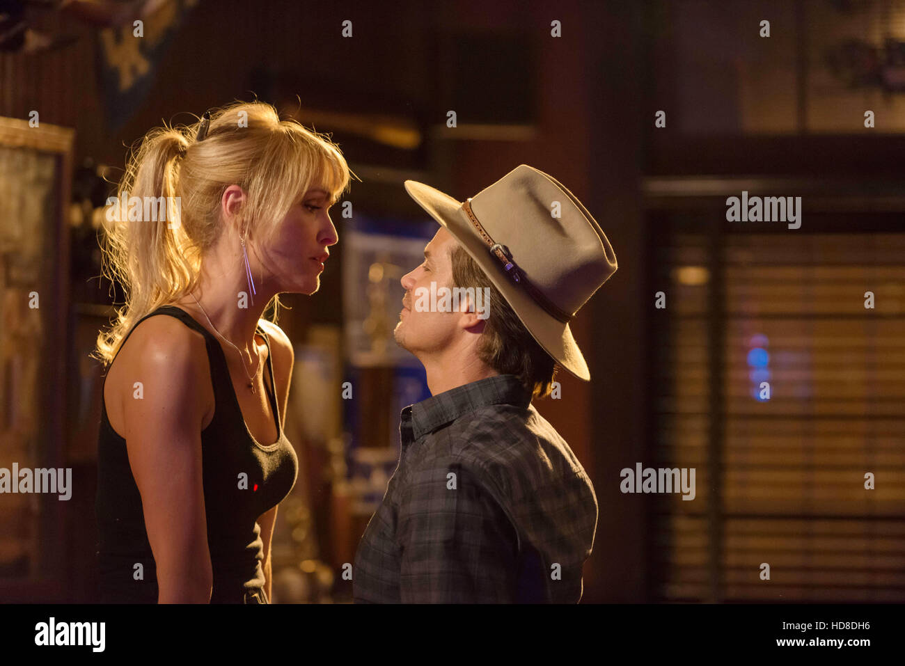 JUSTIFIED, l-r: Joelle Carter, Timothy Olyphant in 'Where's Waldo?' (Season 4, Episode 2, aired ...