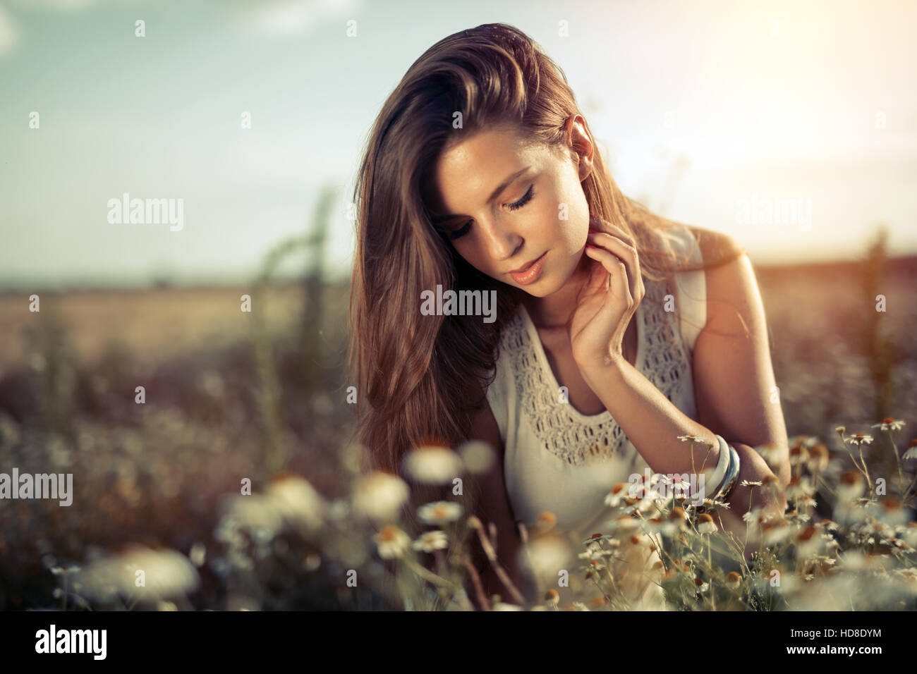 Beautiful happy woman outdoors in countryside Stock Photo - Alamy