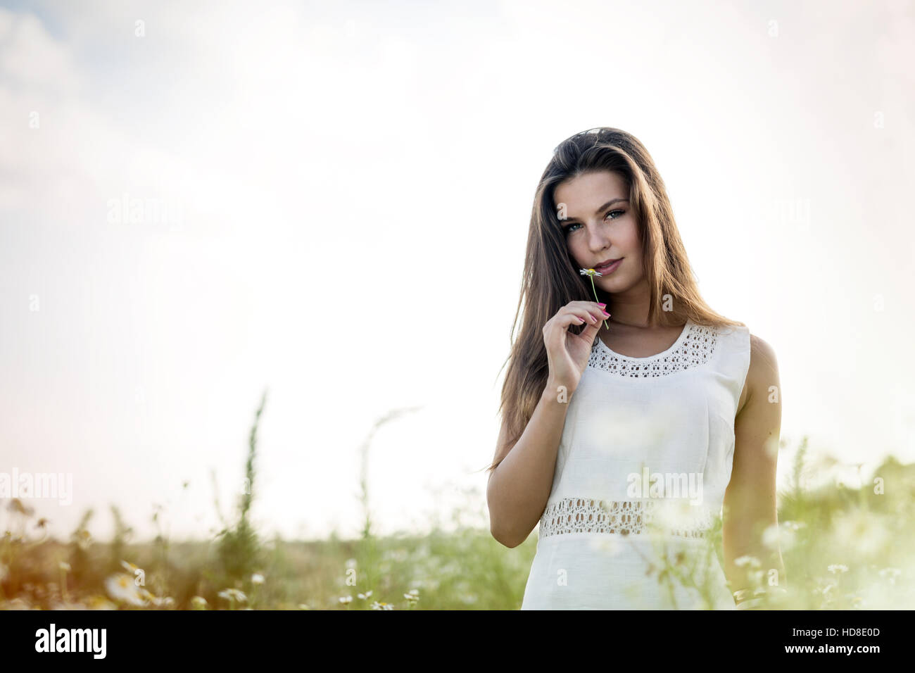 Beautiful happy woman outdoors in countryside Stock Photo - Alamy