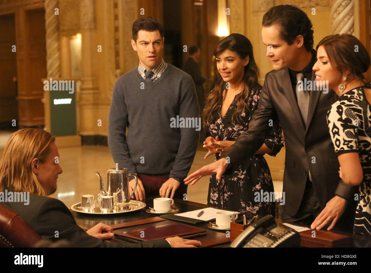 NEW GIRL, standing l-r: Max Greenfield, Hannah Simone, David Nehar ...
