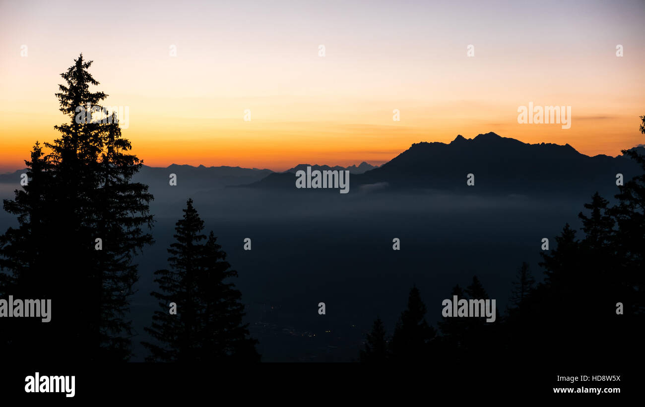 A golden sunset rising through the trees in a forest over the valley in ...