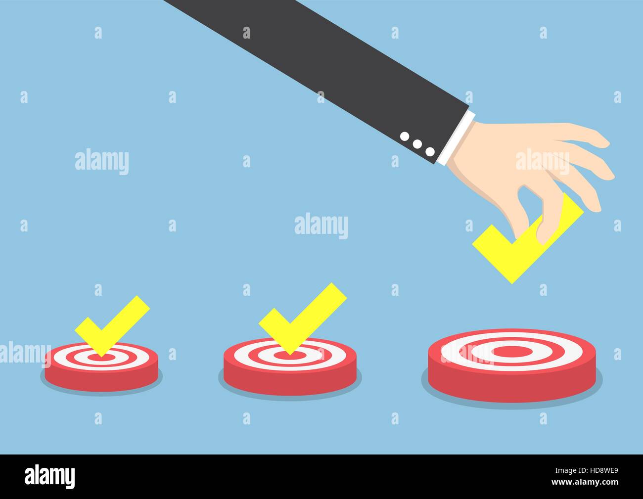 Businessman hand put the check mark symbol on different size of targets ...