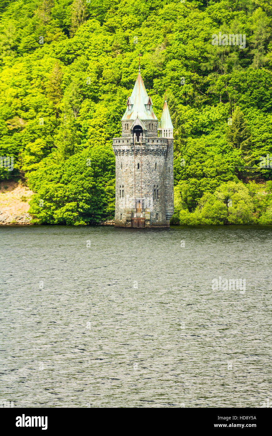 Gothic straining tower on Lake Vyrnwy reservoir. Powys, Wales, United ...