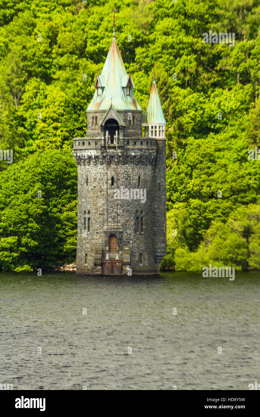 Gothic straining tower on Lake Vyrnwy reservoir. Powys, Wales, United ...