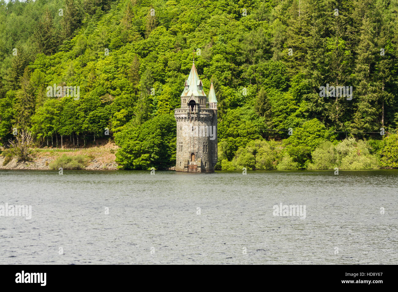 Gothic straining tower on Lake Vyrnwy reservoir. Powys, Wales, United ...